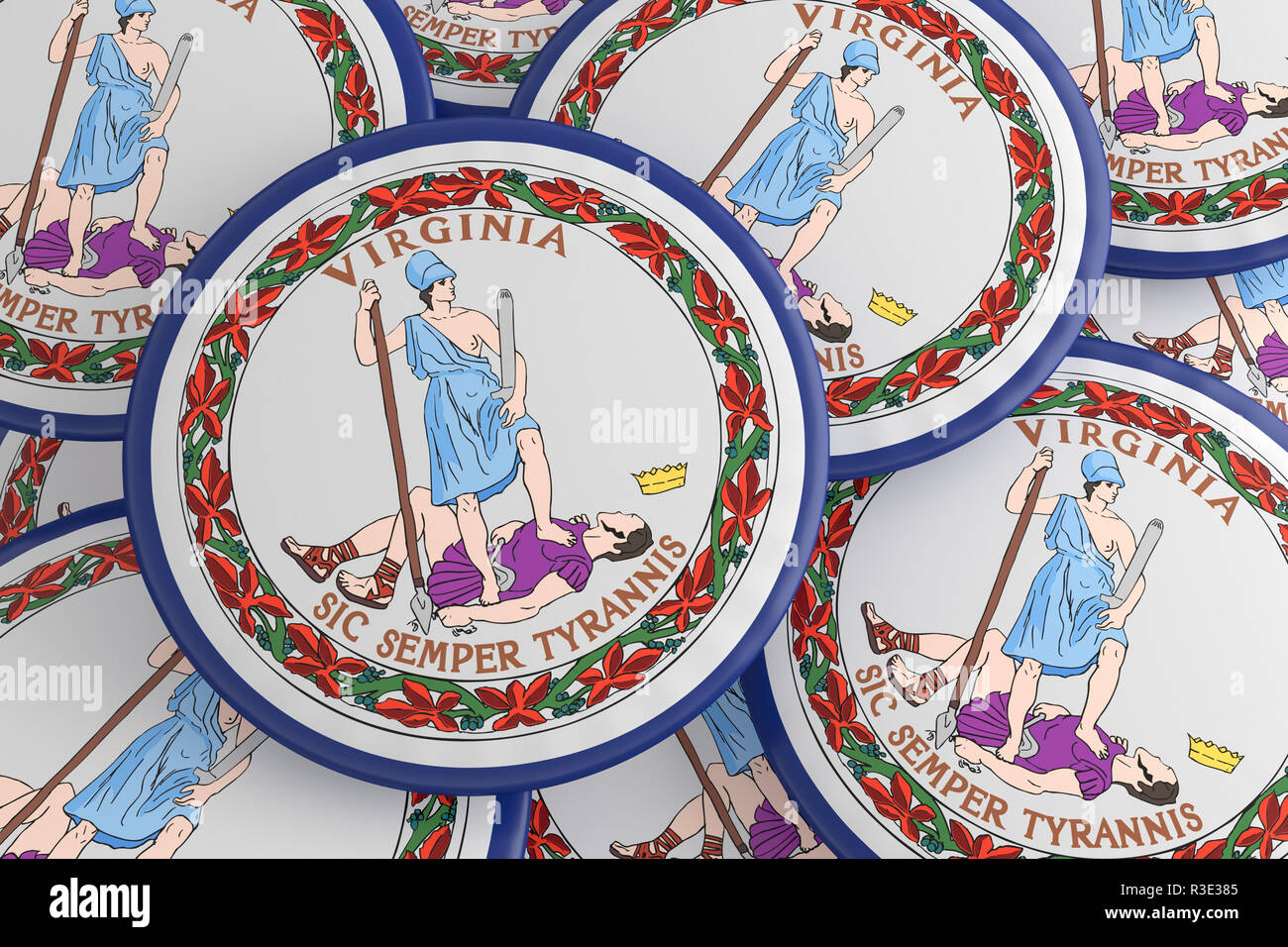 US State Buttons: Pile of Virginia Flag Badges, 3d illustration Stock ...