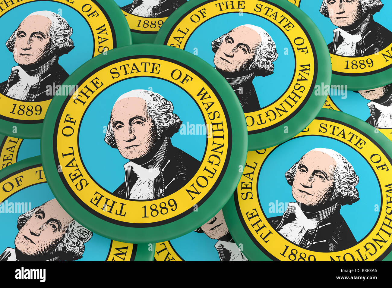 US State Buttons: Pile of Washington Flag Badges, 3d illustration Stock ...