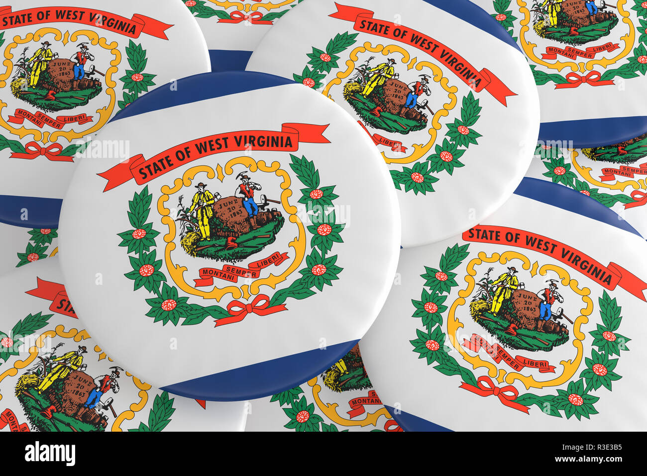 US State Buttons: Pile of West Virginia Flag Badges, 3d illustration ...