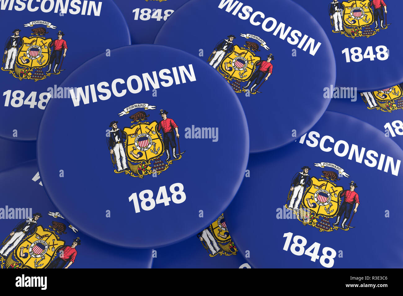 US State Buttons: Pile of Wisconsin Flag Badges, 3d illustration Stock ...