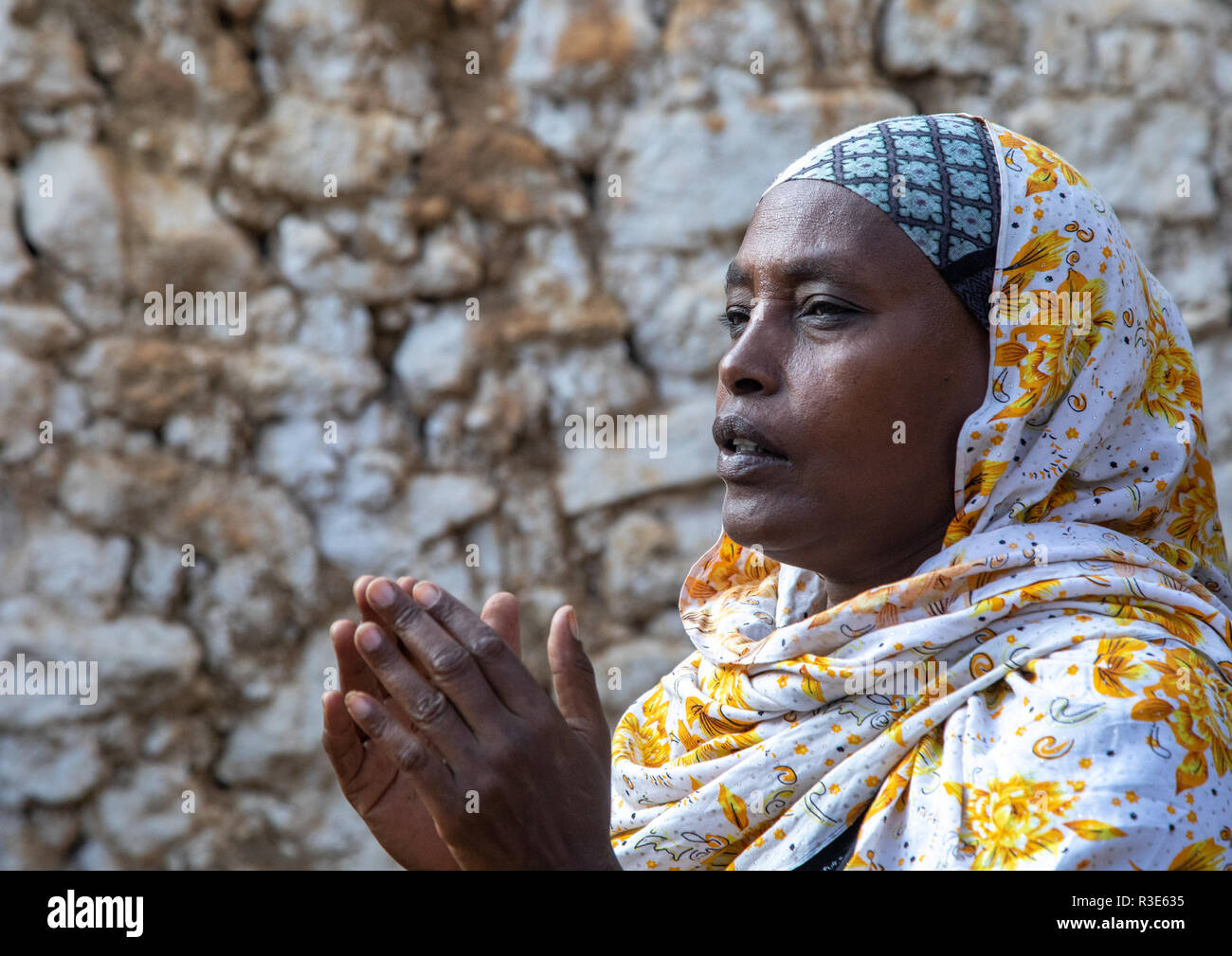Veiled harari woman clapping her hands during a sufi ceremony, Harari ...
