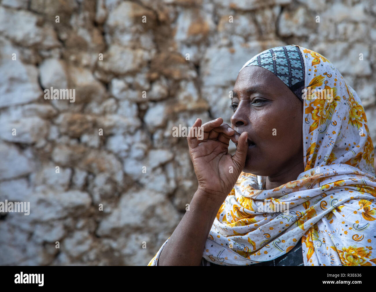 Veiled harari woman making ululation during a muslim ceremony, Harari ...