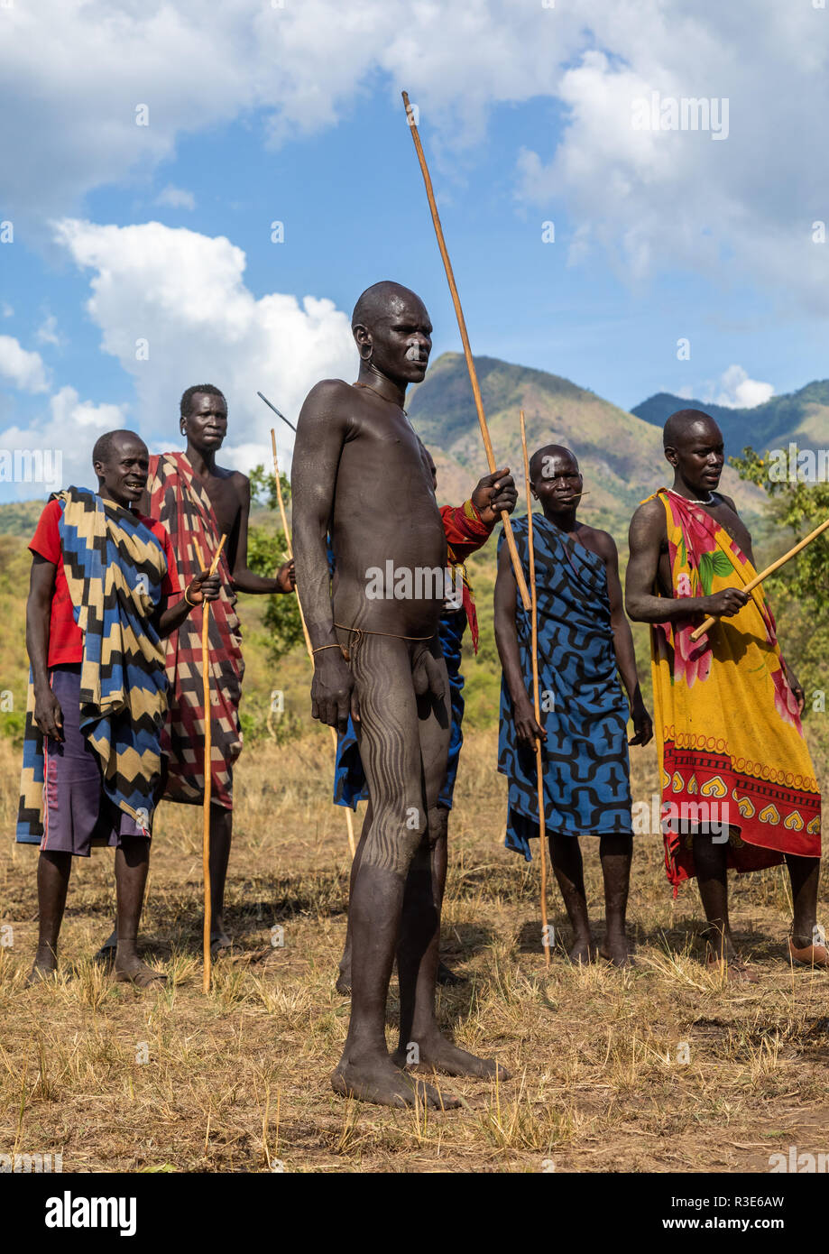 Suri tribe warriors during a donga stick fighting ritual, Omo valley ...