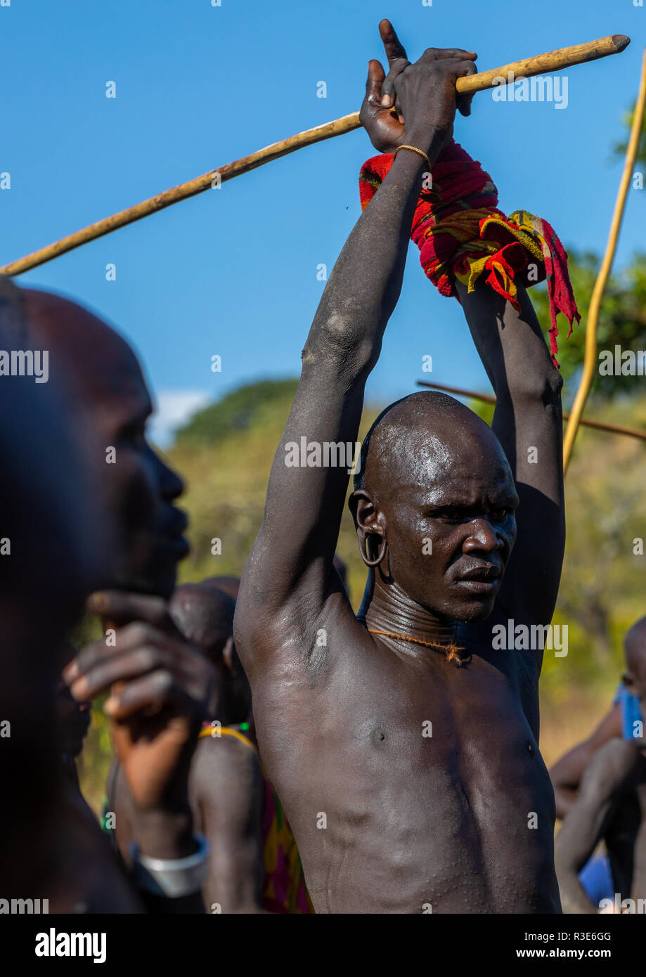 Suri tribe warriors fighting during a donga stick ritual, Omo valley ...
