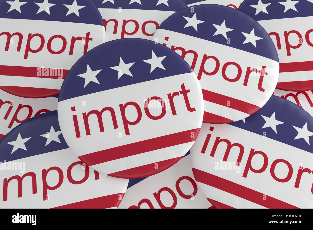 USA International Trade Concept Badges: Pile of Import Buttons With US ...