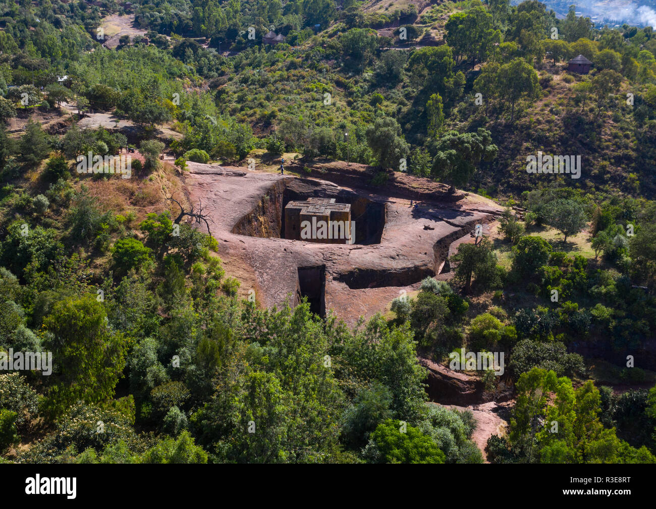 Aerial view of the monolithic rock-cut church of bete giyorgis, Amhara ...