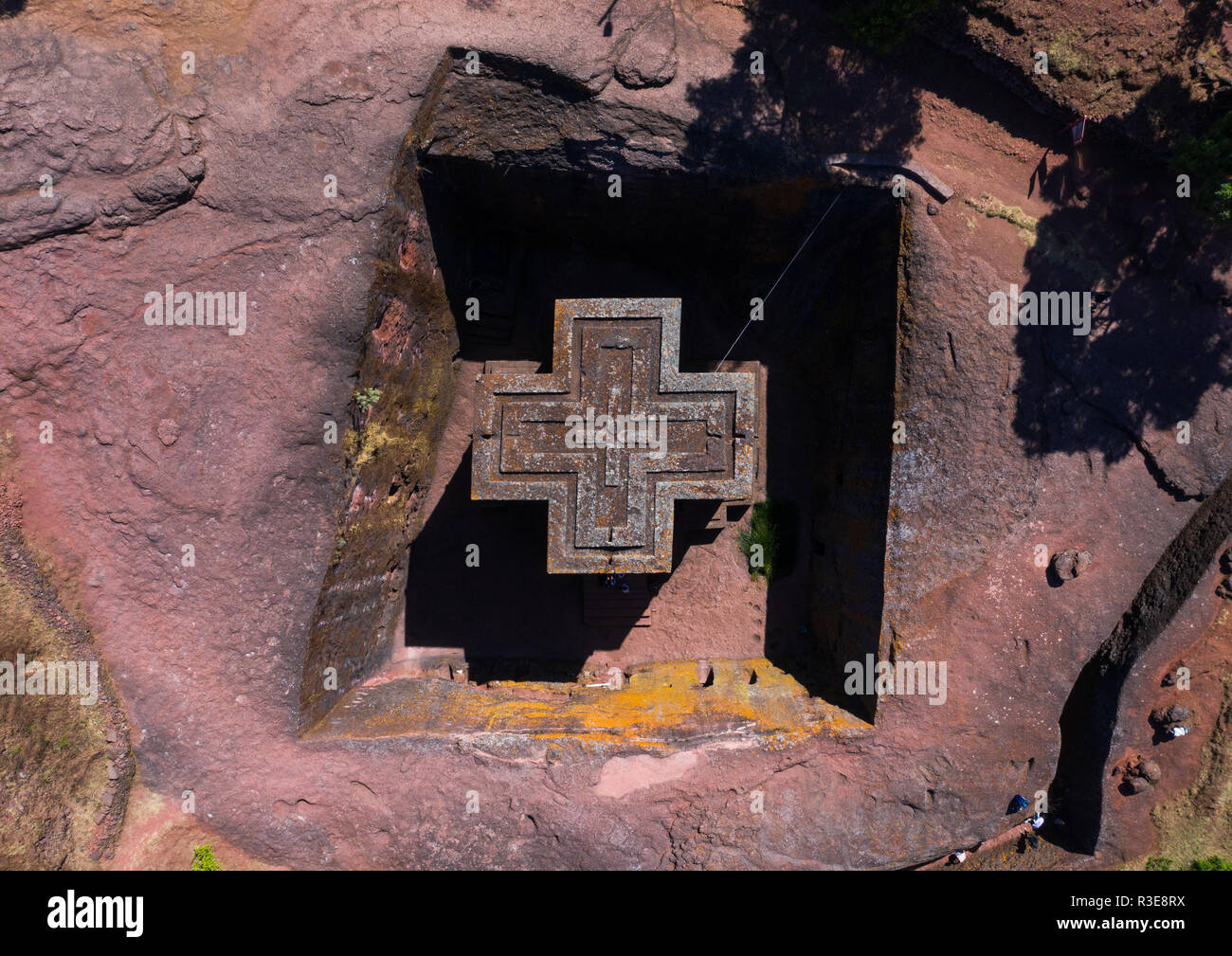 Aerial view of the monolithic rock-cut church of bete giyorgis, Amhara ...