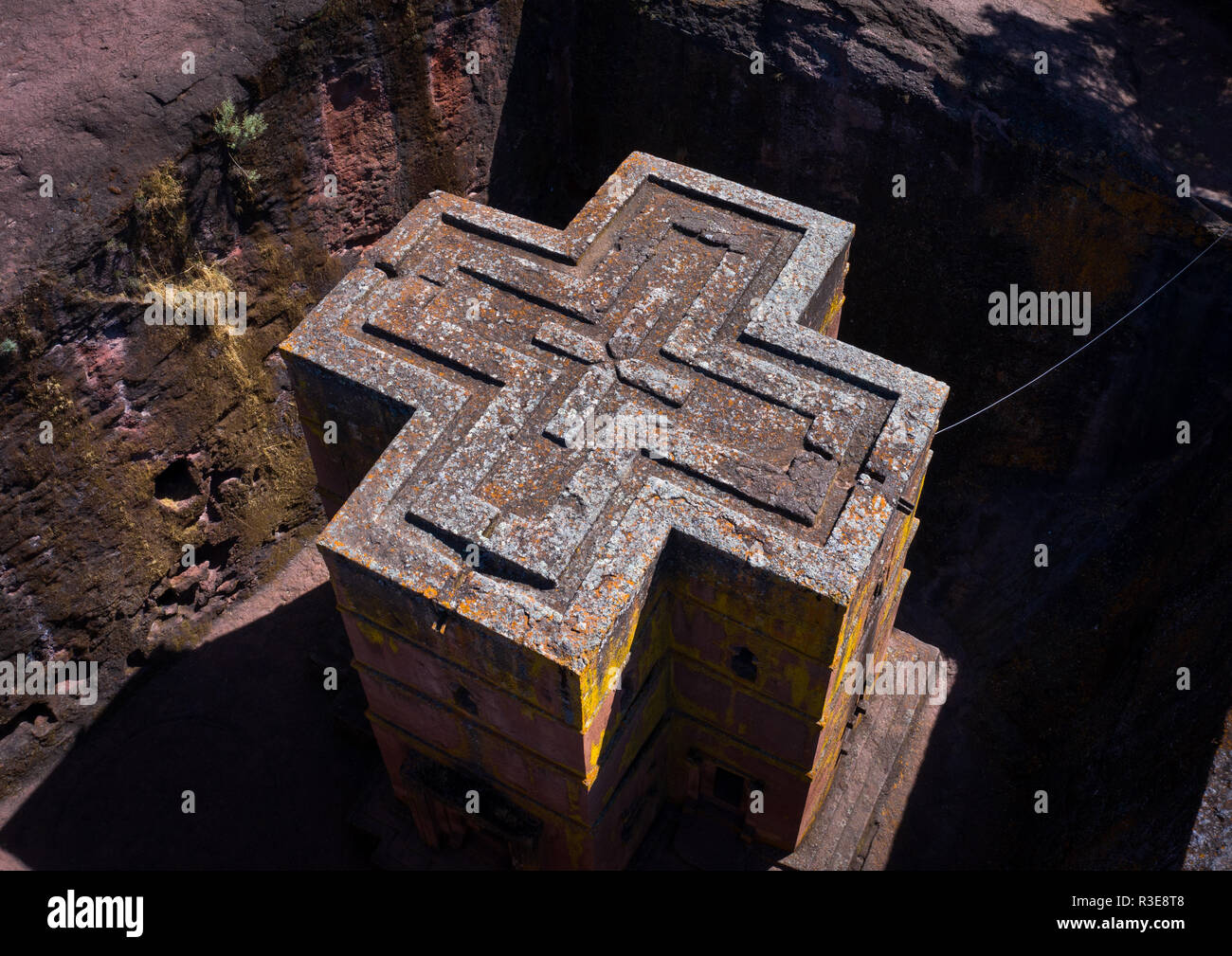 Aerial view of the monolithic rock-cut church of bete giyorgis, Amhara ...