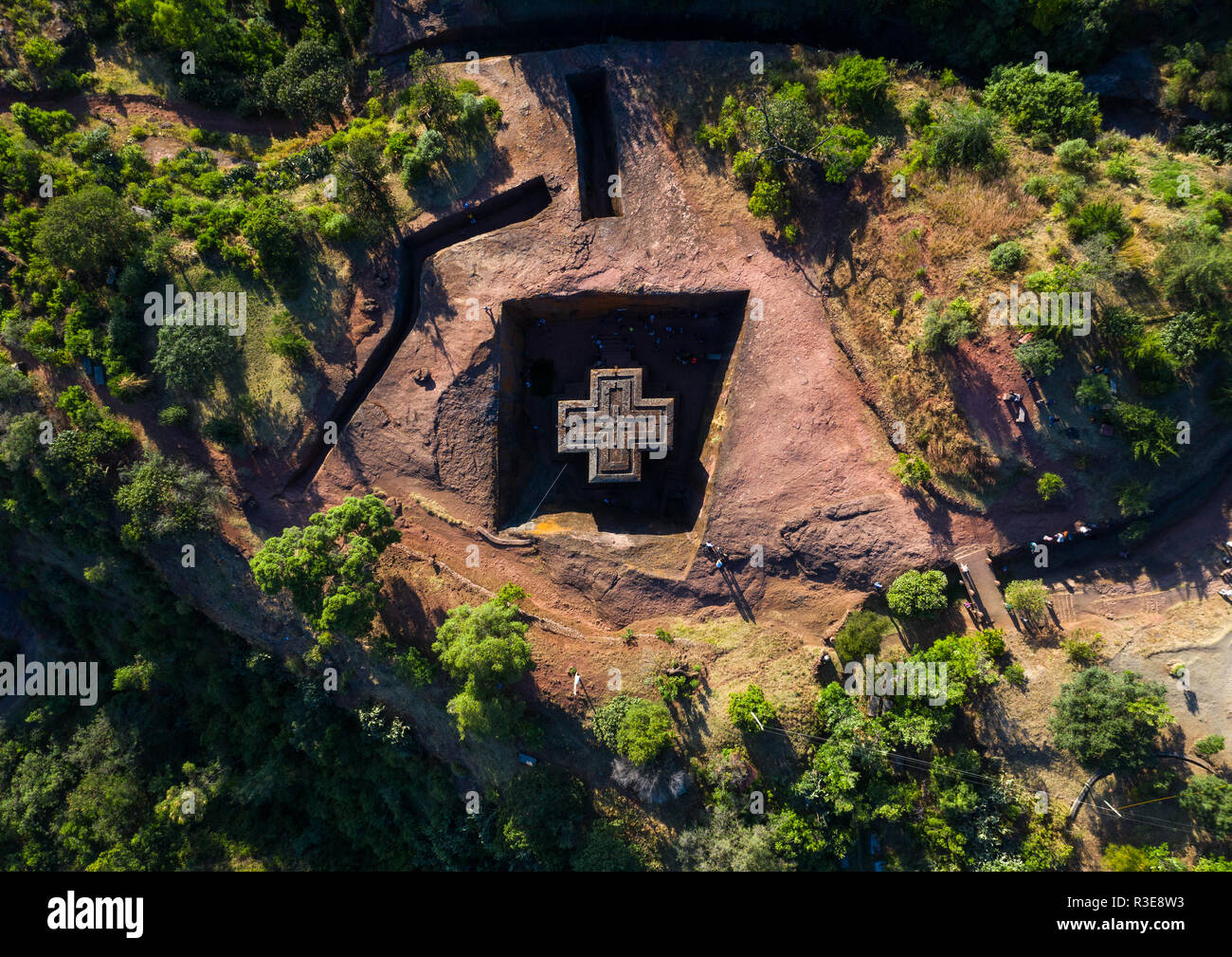 Aerial view of the monolithic rock-cut church of bete giyorgis, Amhara ...