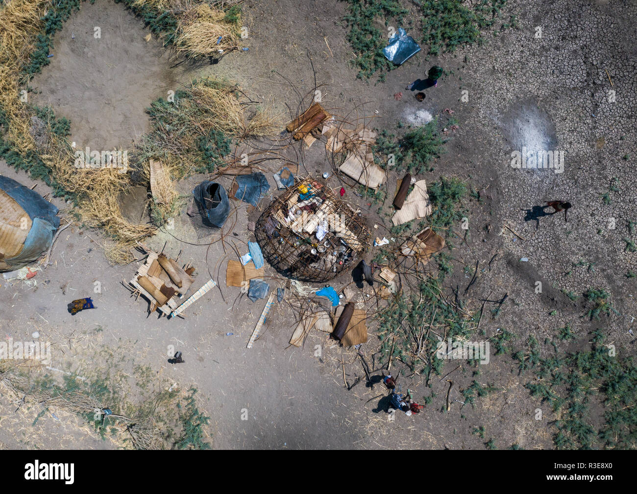 Aerial view of afar people building a hut, Afar Region, Afambo ...