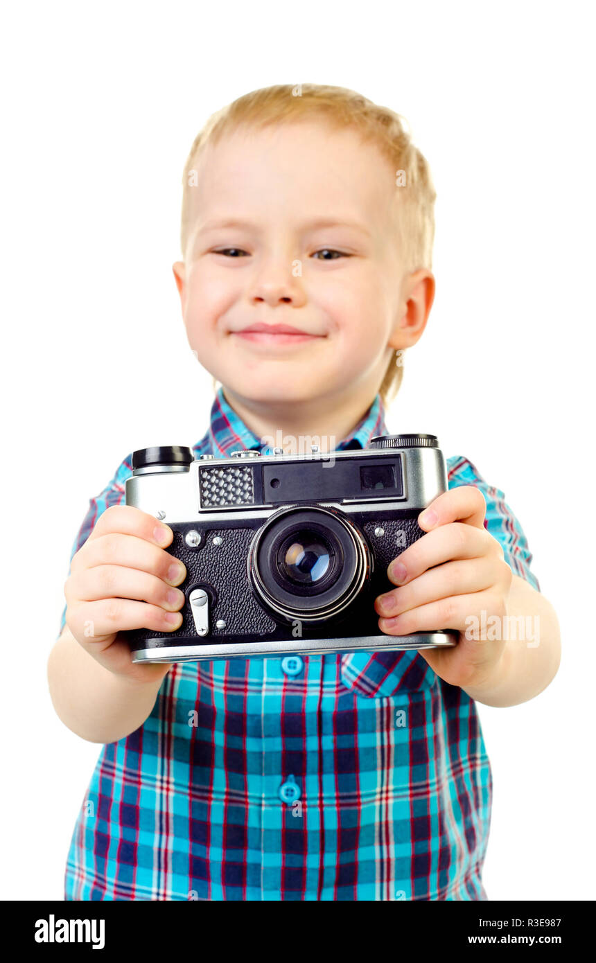 little boy with camera isolated on a white background Stock Photo - Alamy
