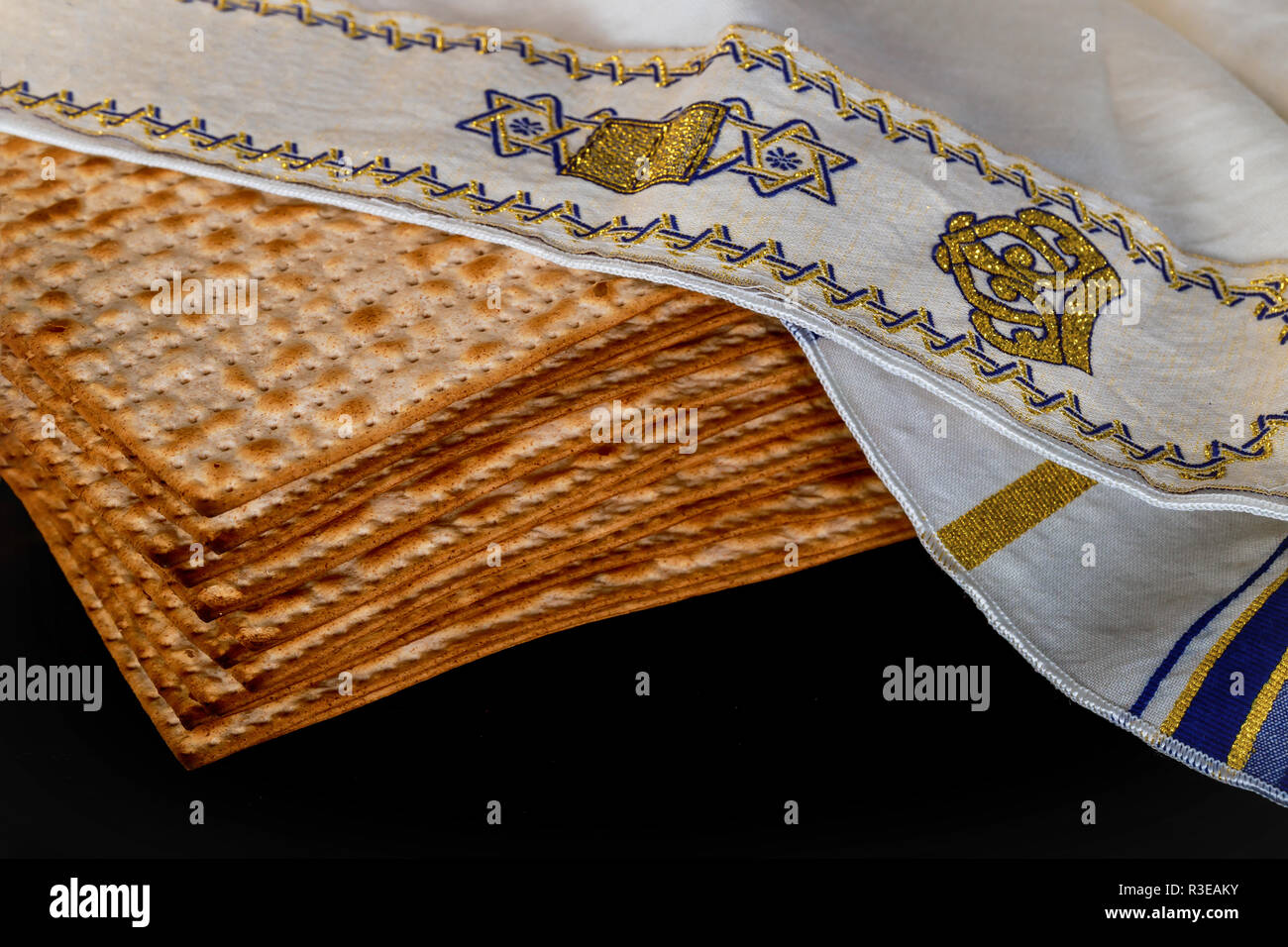 Pesach Passover symbols of great Jewish holiday. Traditional matzah or ...