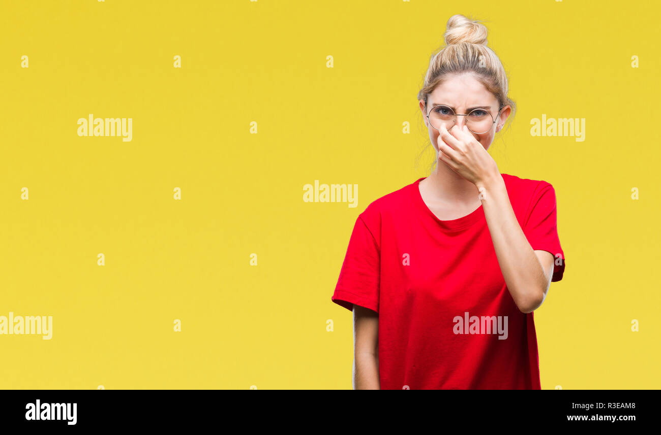 Young Beautiful Blonde Woman Wearing Red T Shirt And Glasses Over