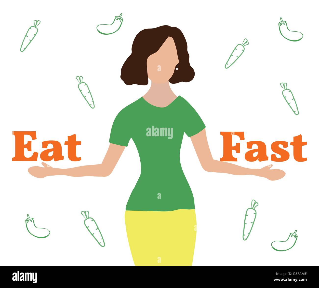 Intermittent fasting concept. Girl, holding two words Fast and Eat ...