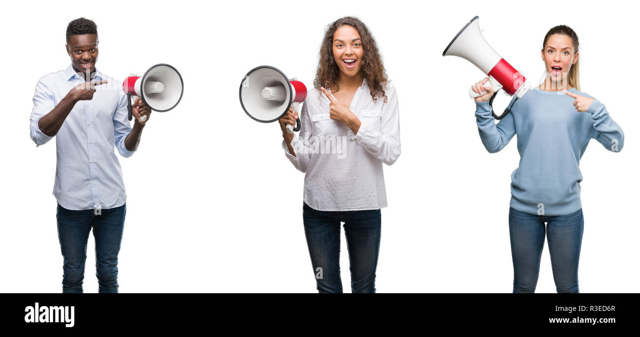 Collage of young people yelling through megaphone over isolated ...