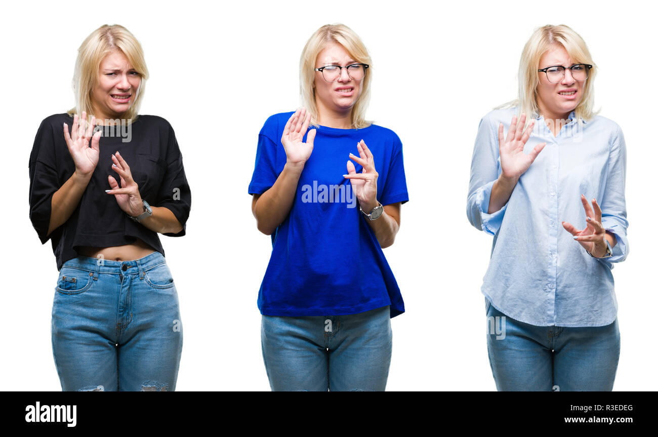 Collage of beautiful blonde woman over isolated background disgusted ...