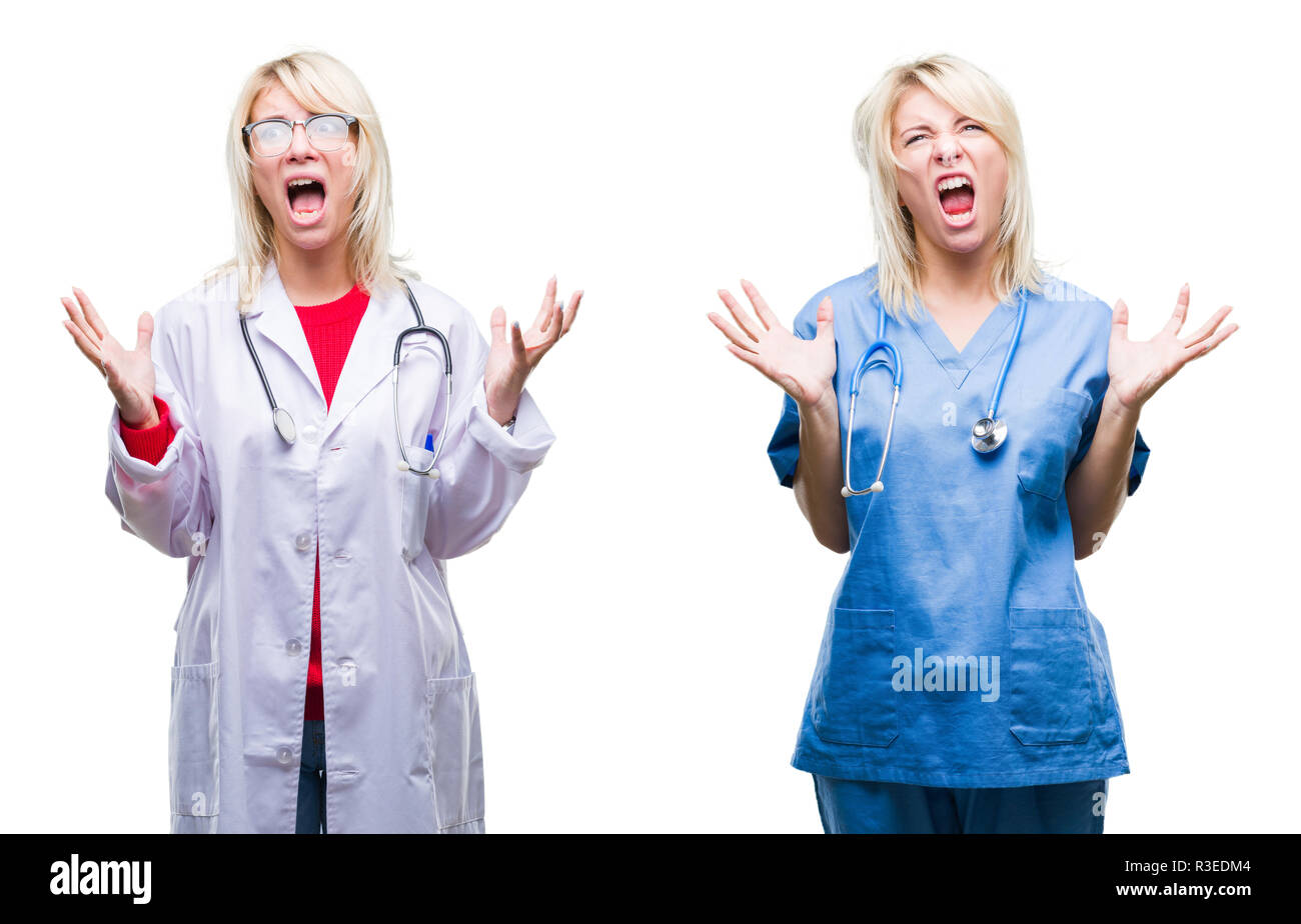 Collage of doctor and nurse woman over white isolated background crazy ...