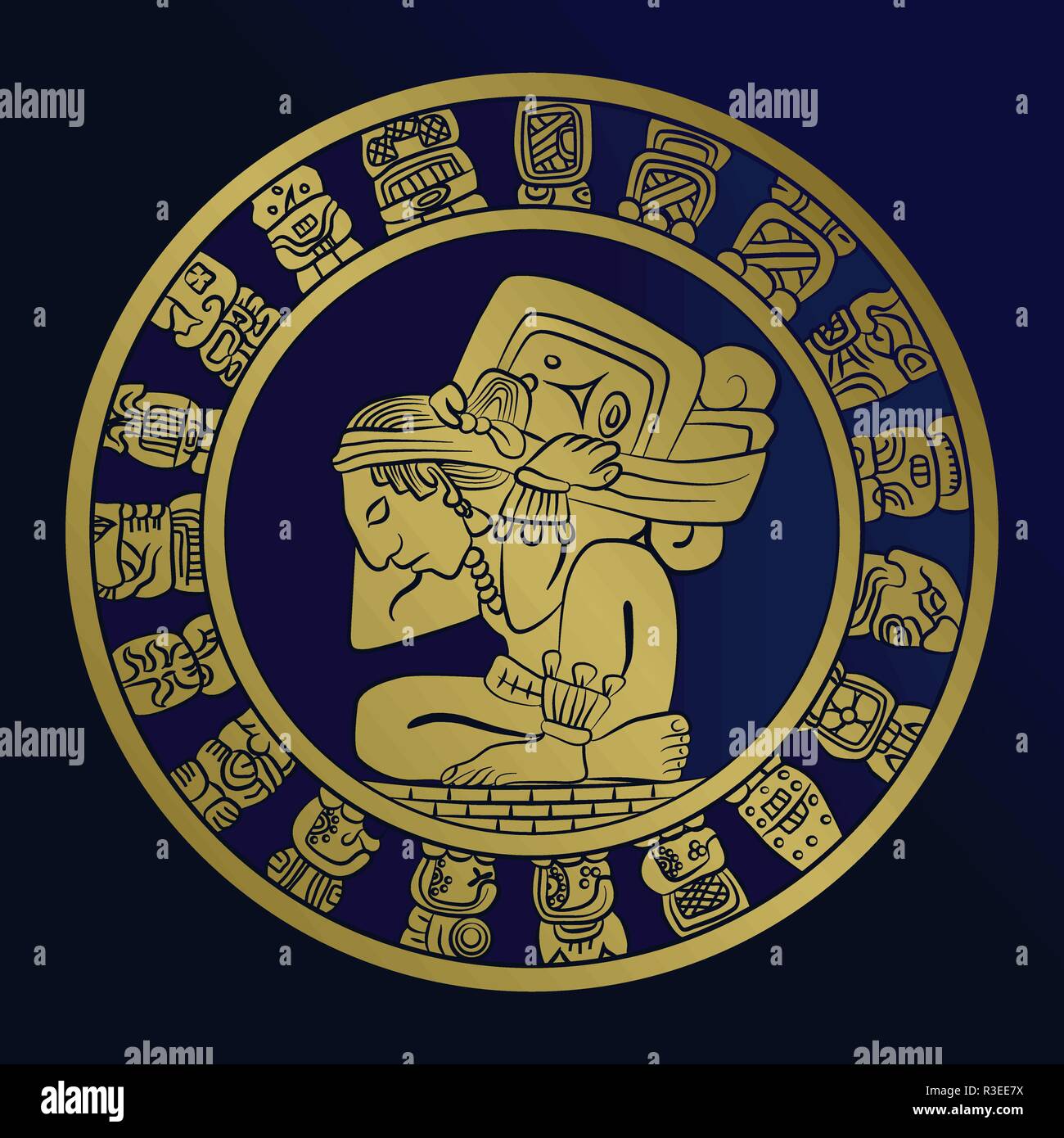vector Mayan calendar image on the coin. Mexican culture, the Aztec ...
