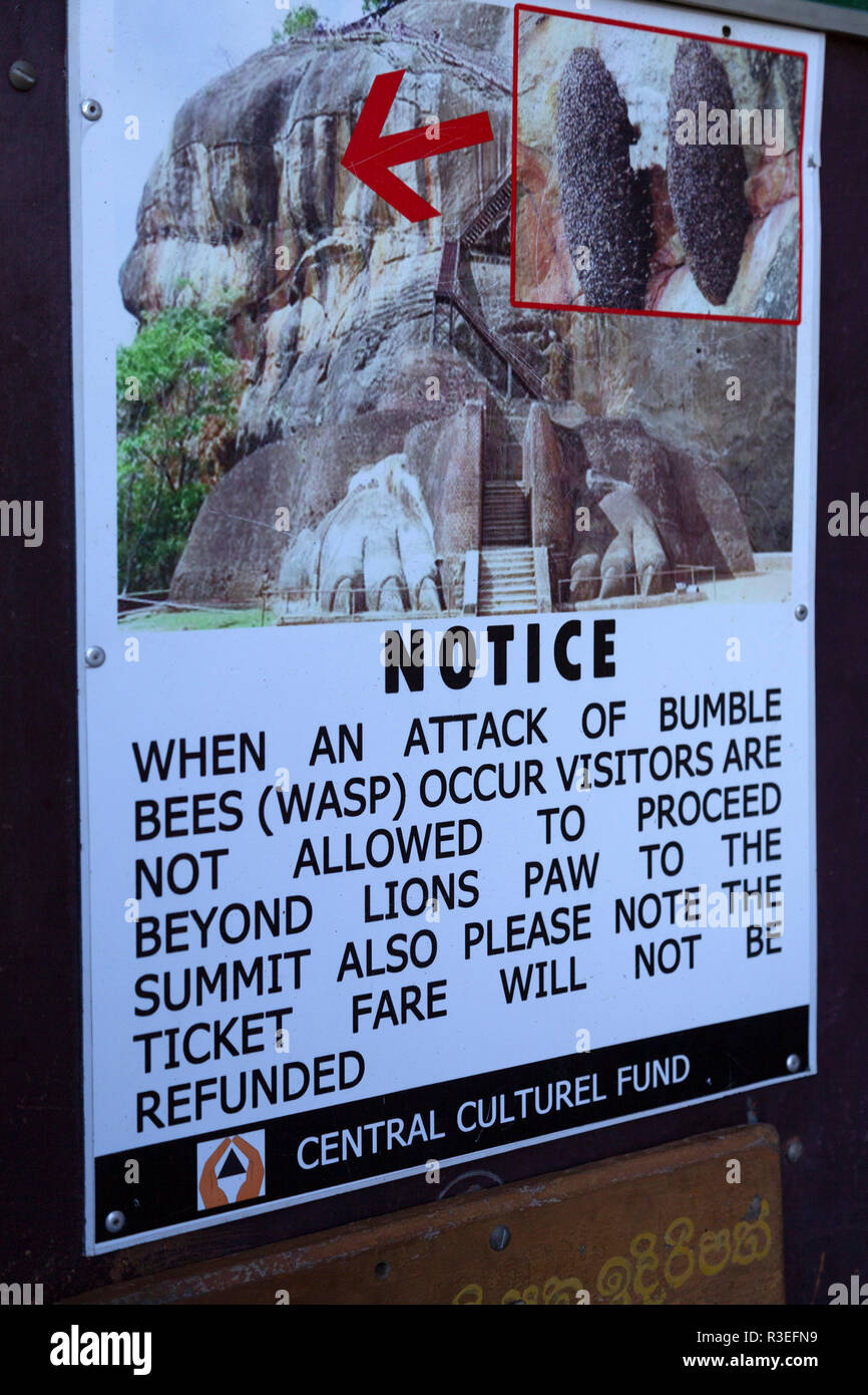 Sign warning of the dangers posed by stinging insects at Sigiriya in ...