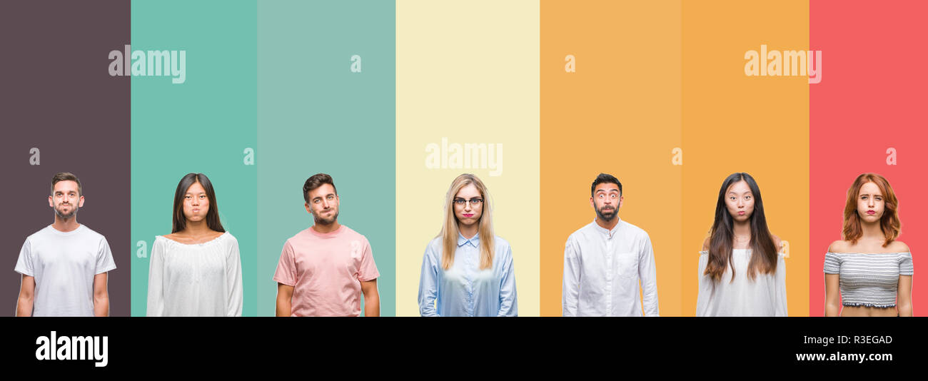 Collage of different ethnics young people over colorful stripes ...