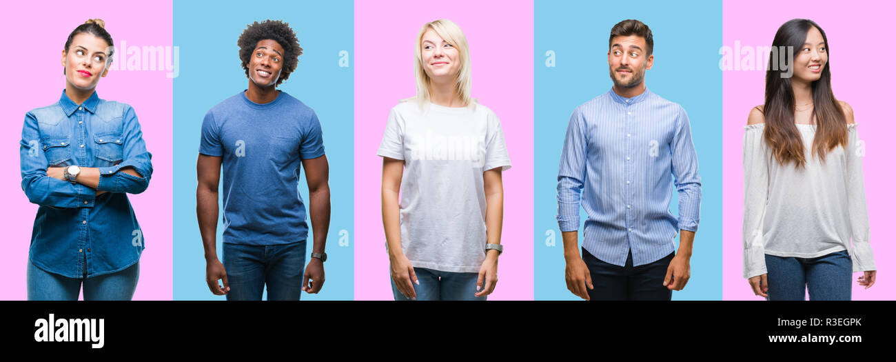 Collage of group of young casual people over colorful isolated ...