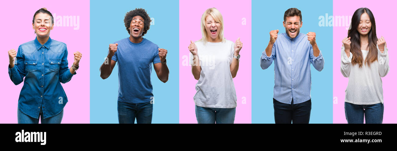 Collage of group of young casual people over colorful isolated ...