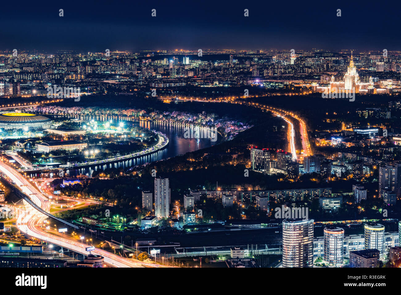 View of the night city streets. Moscow. Russia Stock Photo - Alamy