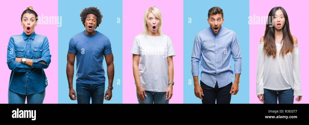 Collage of group of young casual people over colorful isolated ...