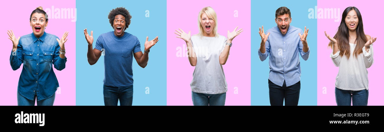 Collage of group of young casual people over colorful isolated ...