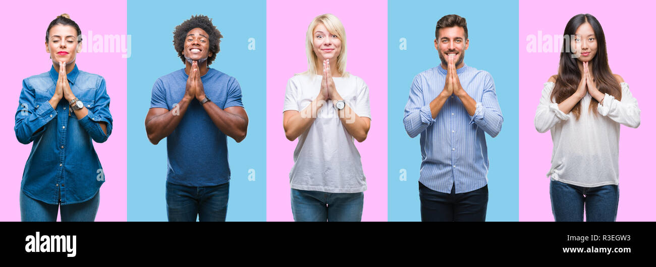 Collage of group of young casual people over colorful isolated ...