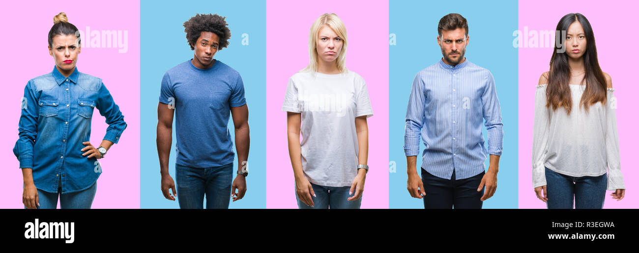 Collage of group of young casual people over colorful isolated ...