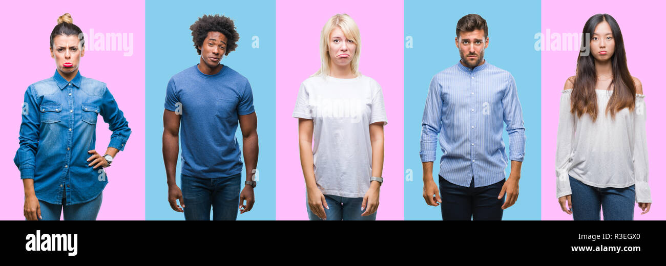Collage of group of young casual people over colorful isolated ...