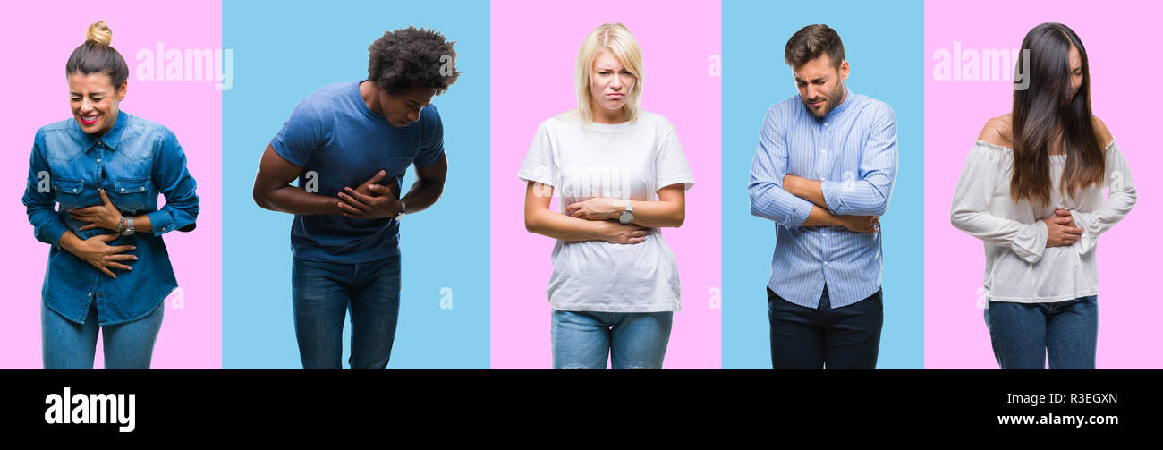 Collage of group of young casual people over colorful isolated ...