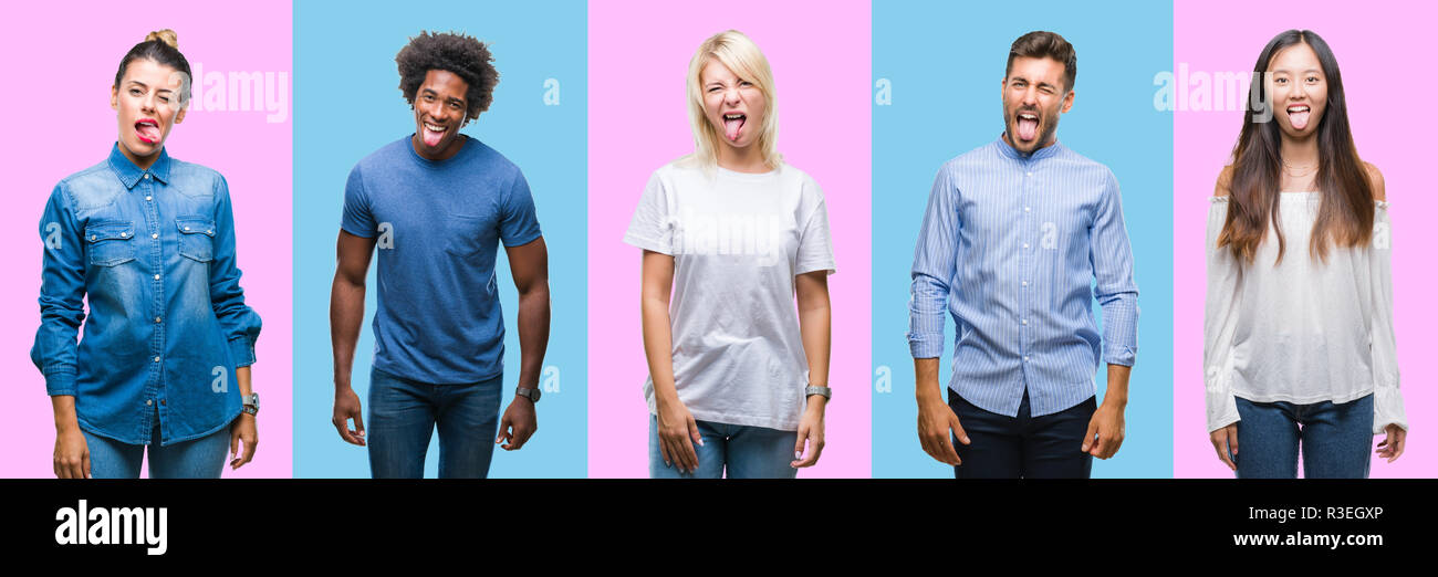 Collage of group of young casual people over colorful isolated ...