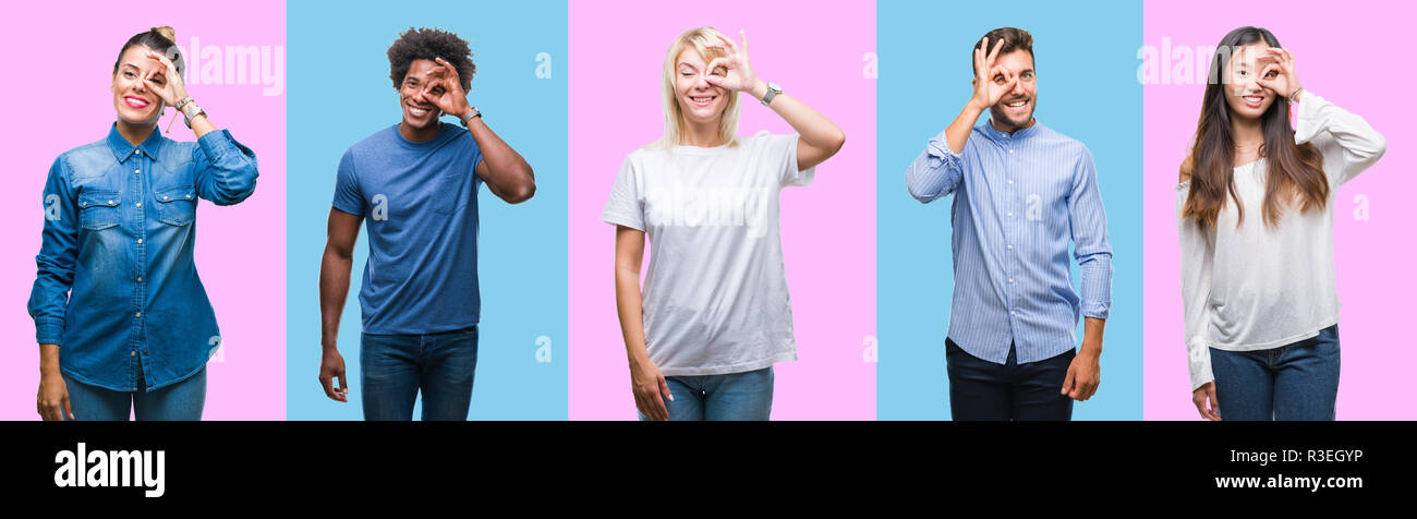 Collage of group of young casual people over colorful isolated ...