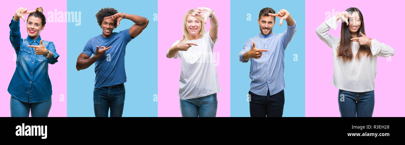 Collage of group of young casual people over colorful isolated ...