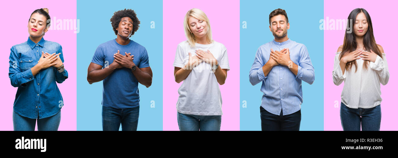 Collage of group of young casual people over colorful isolated ...
