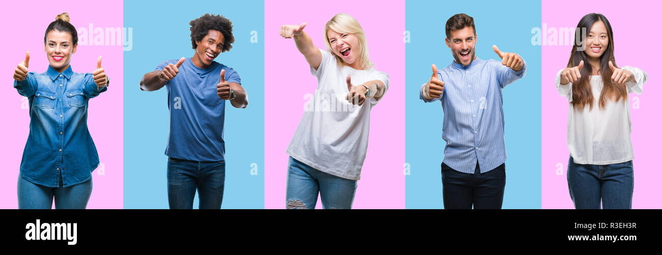 Collage of group of young casual people over colorful isolated ...