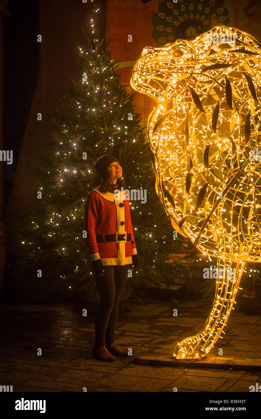 A woman poses next to a lit up sculpture of a lion as it is part of the ...