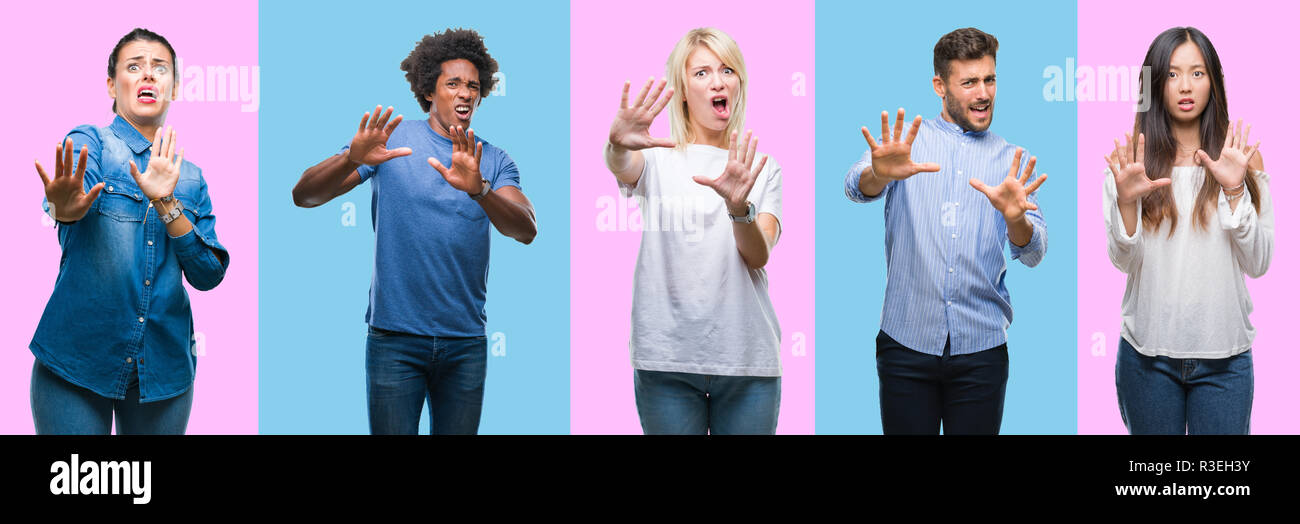 Collage of group of young casual people over colorful isolated ...