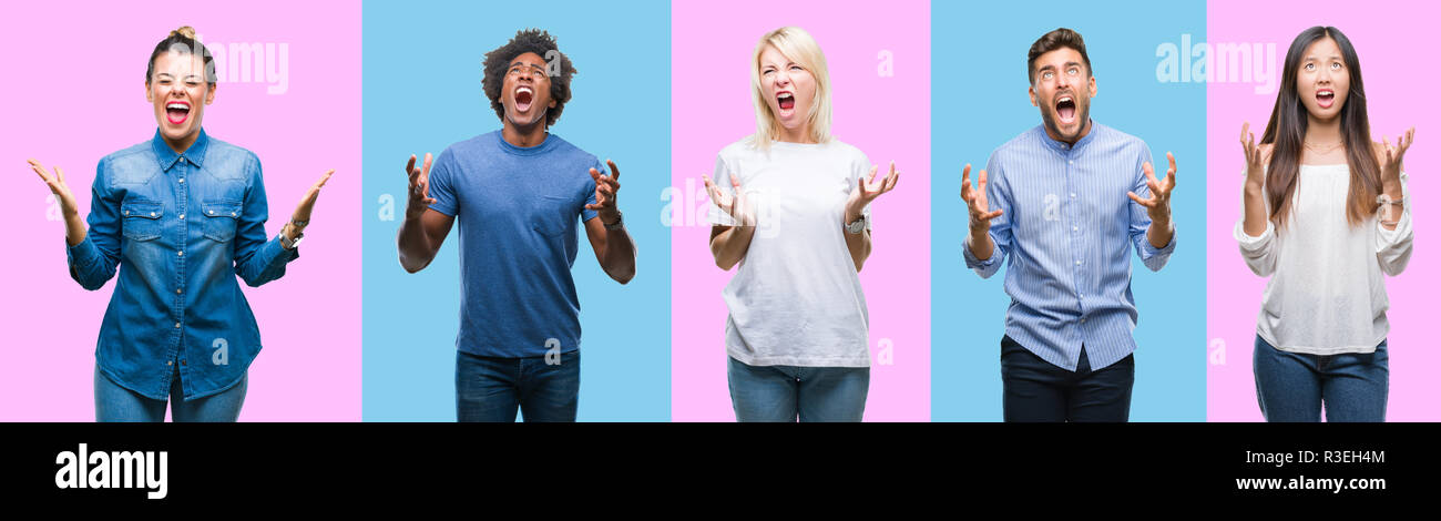Collage of group of young casual people over colorful isolated ...