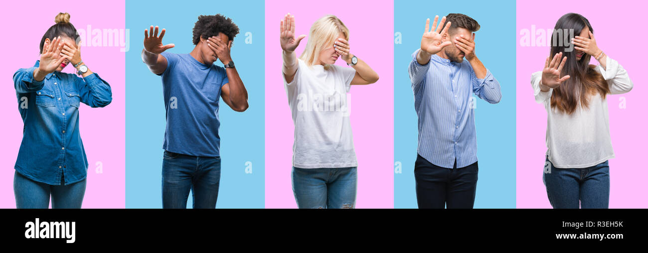 Collage of group of young casual people over colorful isolated ...