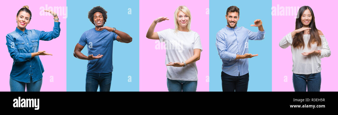 Collage of group of young casual people over colorful isolated ...