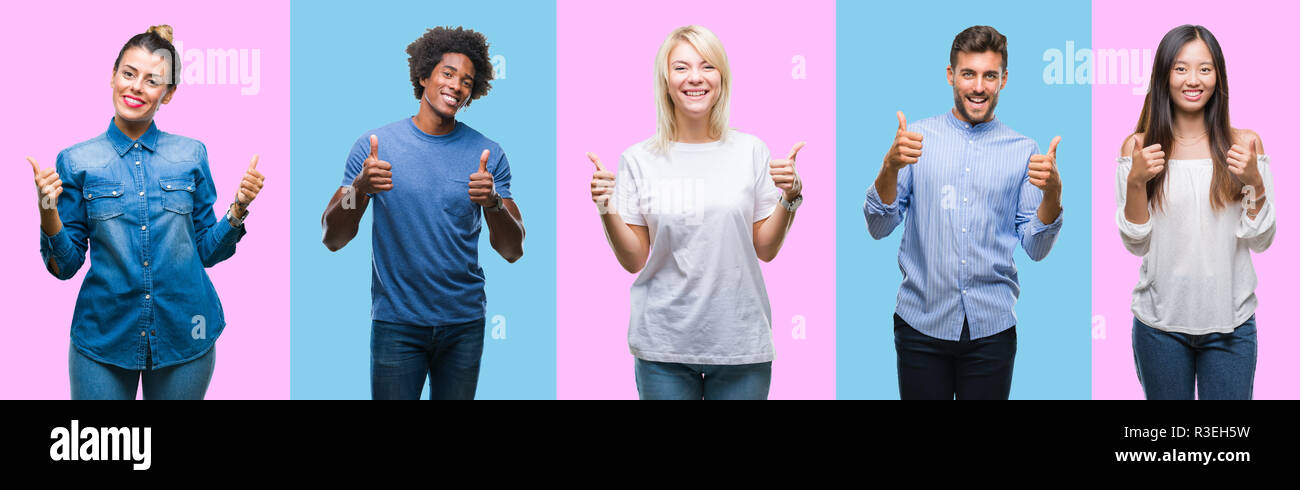 Collage of group of young casual people over colorful isolated ...