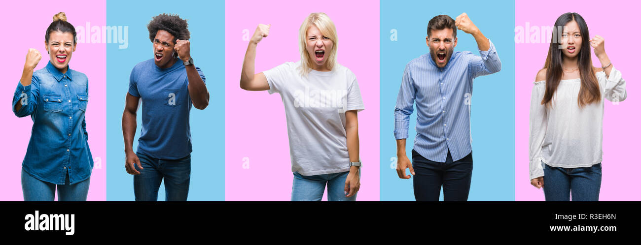 Collage of group of young casual people over colorful isolated ...