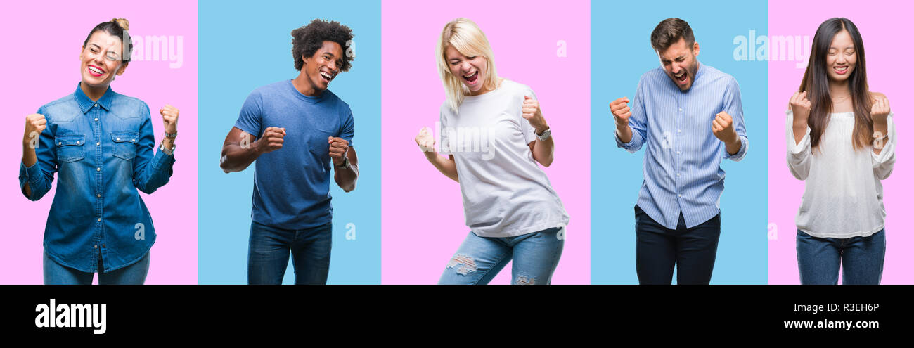 Collage of group of young casual people over colorful isolated ...