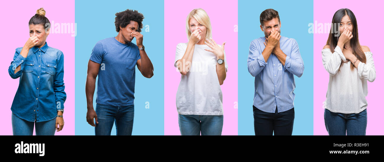 Collage of group of young casual people over colorful isolated ...