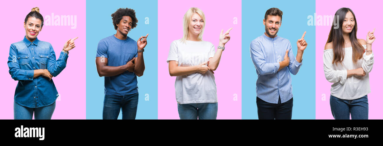 Collage of group of young casual people over colorful isolated ...