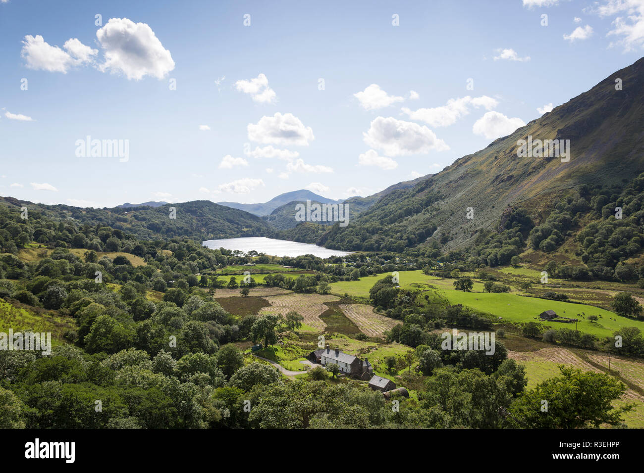 Landscape view of Lyn Gwynant, Nant Gwynant valley, Gwynedd, Snowdonia ...