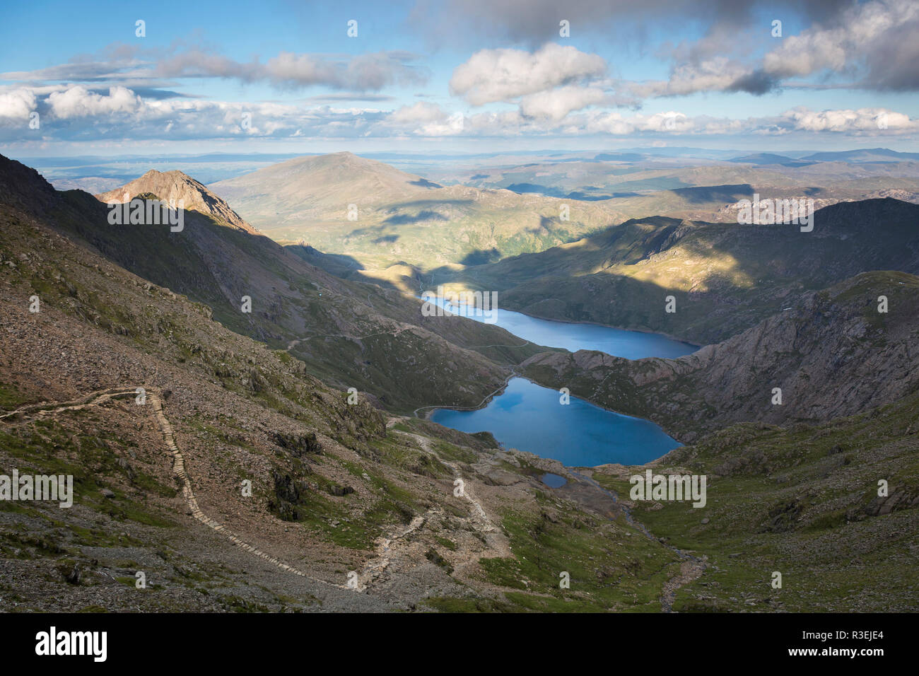 Mountain view of Pyg Track and lakes from summit of Snowdon, Snowdonia ...